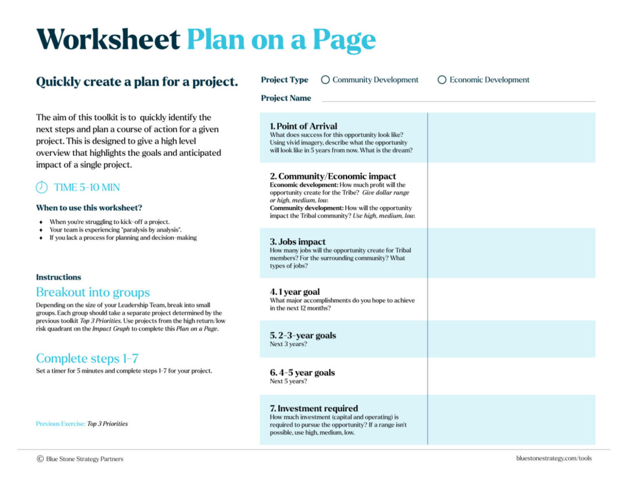 Worksheet - Plan on a Page - Blue Stone Strategy Partners
